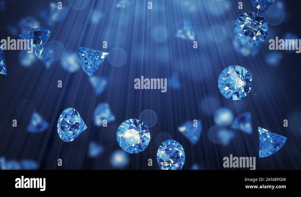 Endless rain of blue sapphires in light rays 3D render seamless loop ...