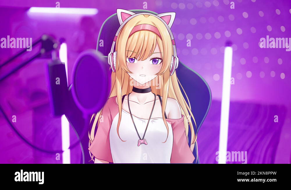 Virtual gaming vtuber anime girl on streaming to fans from girly pink ...