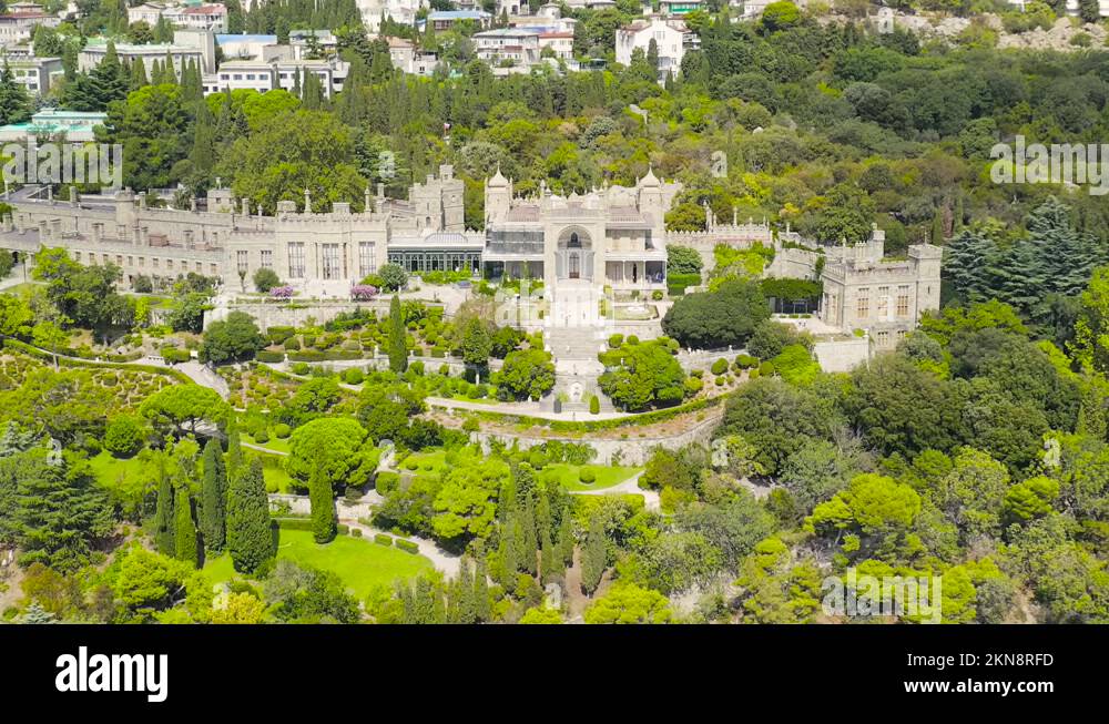 Dolly zoom. Alupka, Crimea. Vorontsov Palace. 19th century Gothic ...