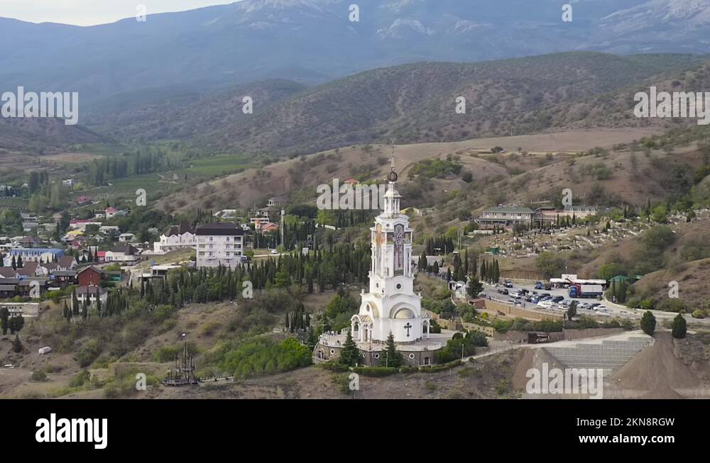 Dolly zoom. Malorechenskoe, Crimea. Temple-lighthouse of St. Mikoli the ...