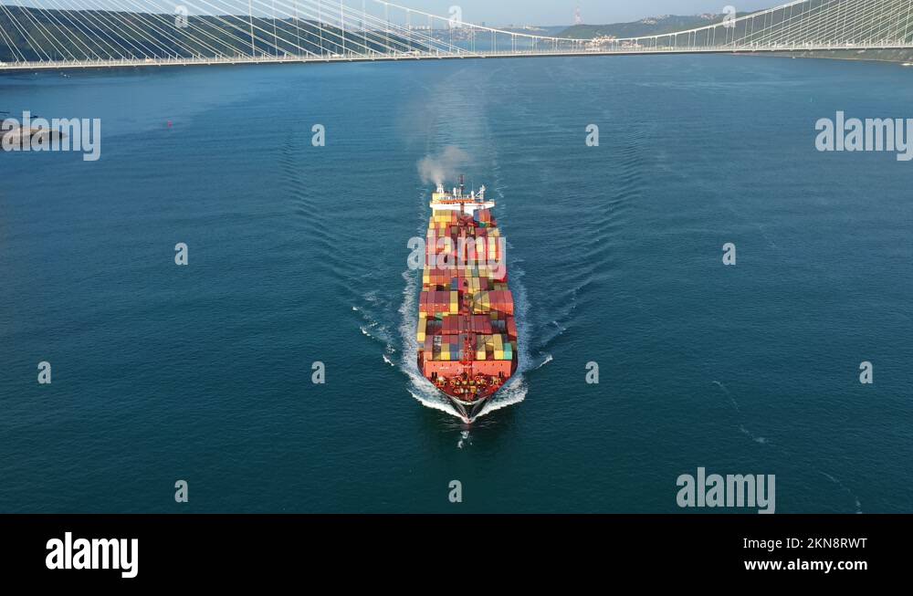 Container ship underway Bosphorus Bound leaving black exhaust fumes ...