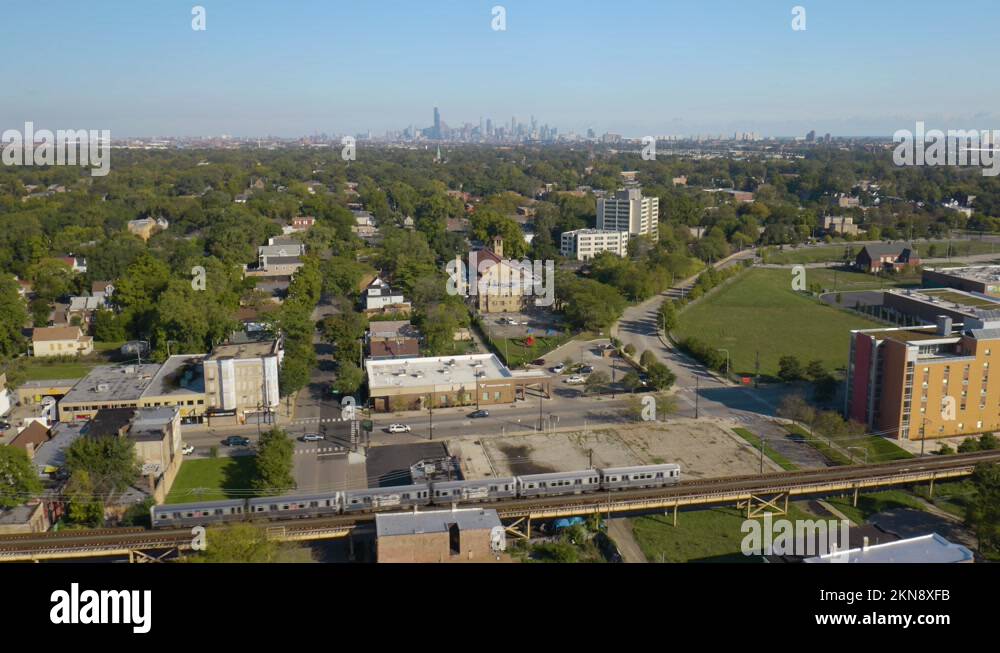 Cinematic Aerial View of Subway Train on Chicago's South Side in Summer ...