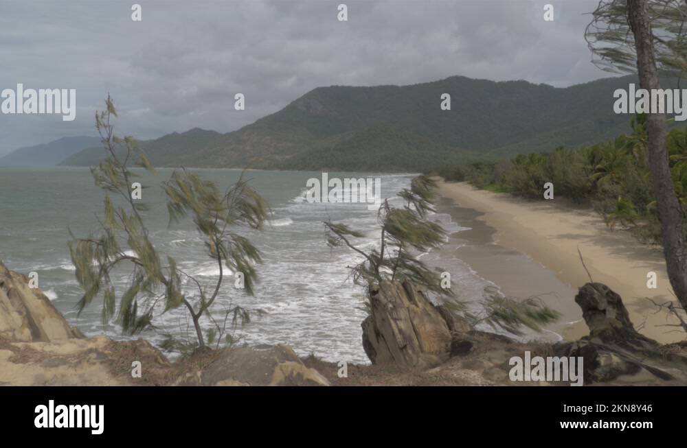 Ocean Waves And Green Trees Swaying On A Strong Wind At The Thala Beach ...