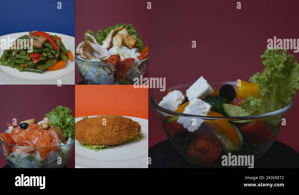 ready-made food in rotating plates on colored backgrounds. Ready meals ...