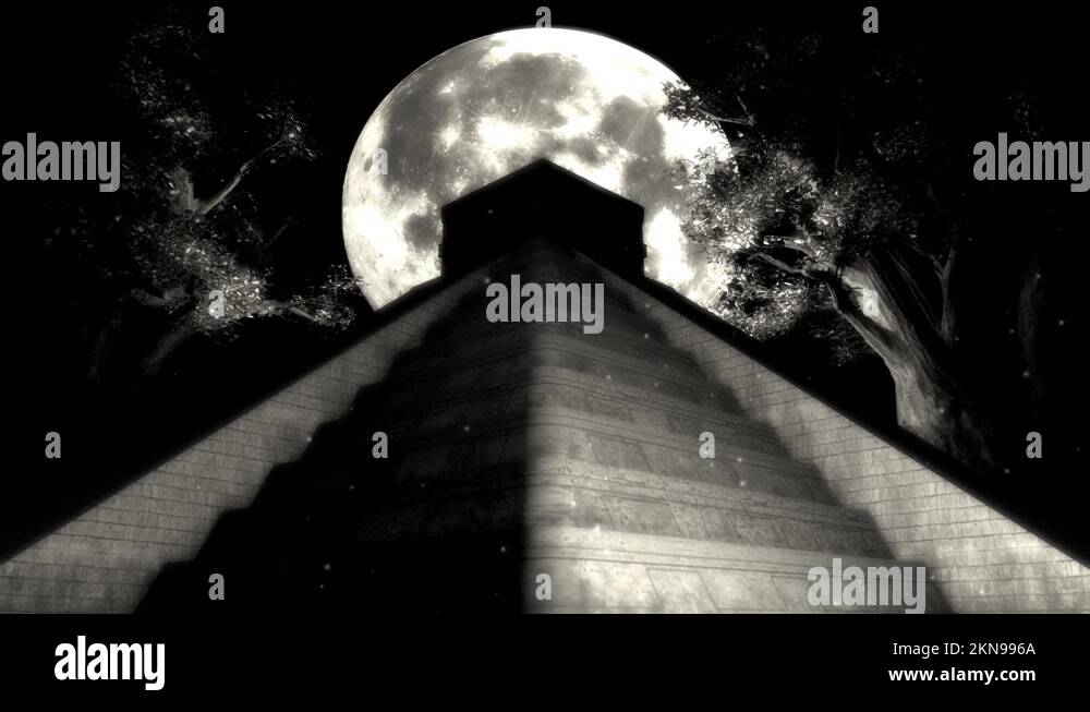 Animated Moon rising behind the roof of the house and trees.Centered ...