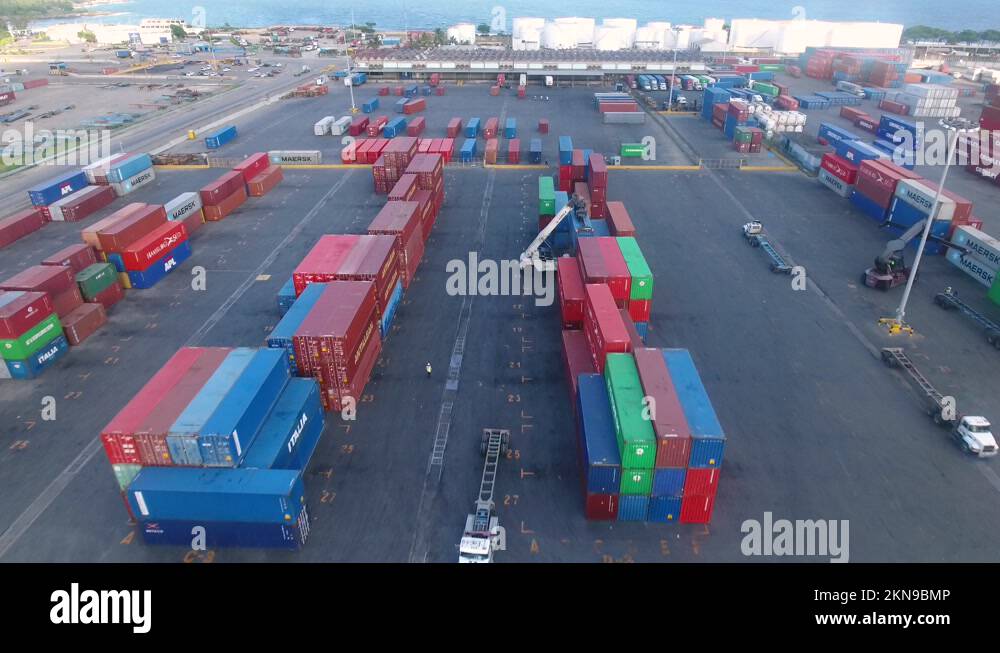 Containers in Haina port logistics center, Dominican Republic. Aerial ...