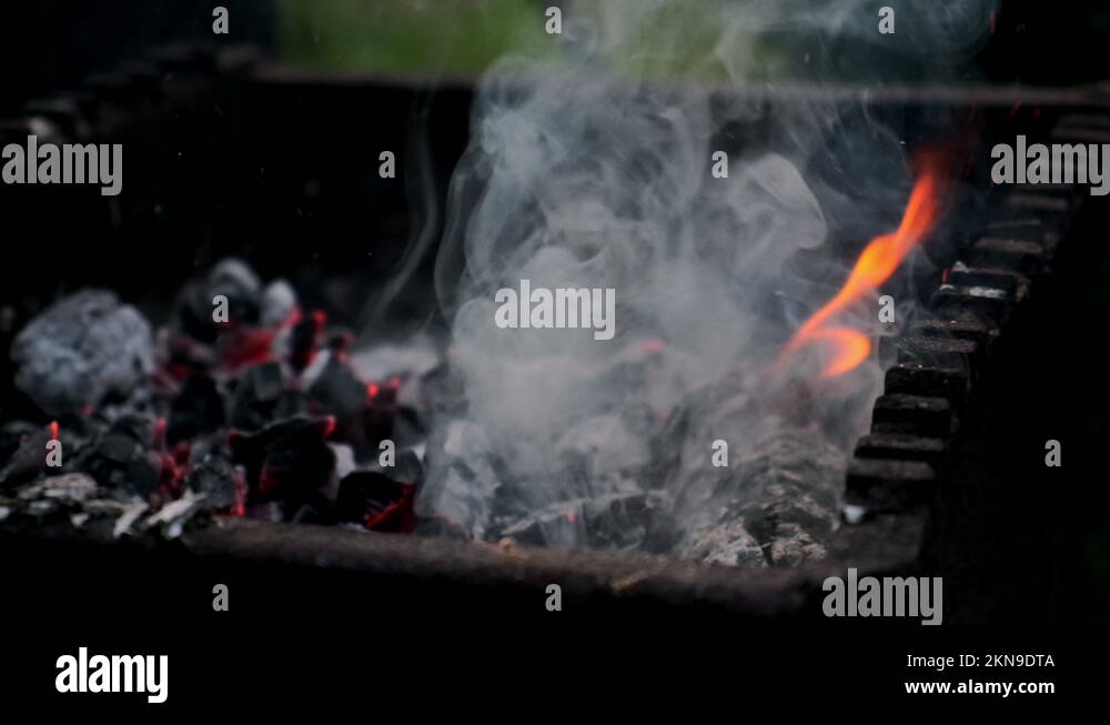 Smoke spreads from fire burning in iron brazier at picnic Stock Video ...