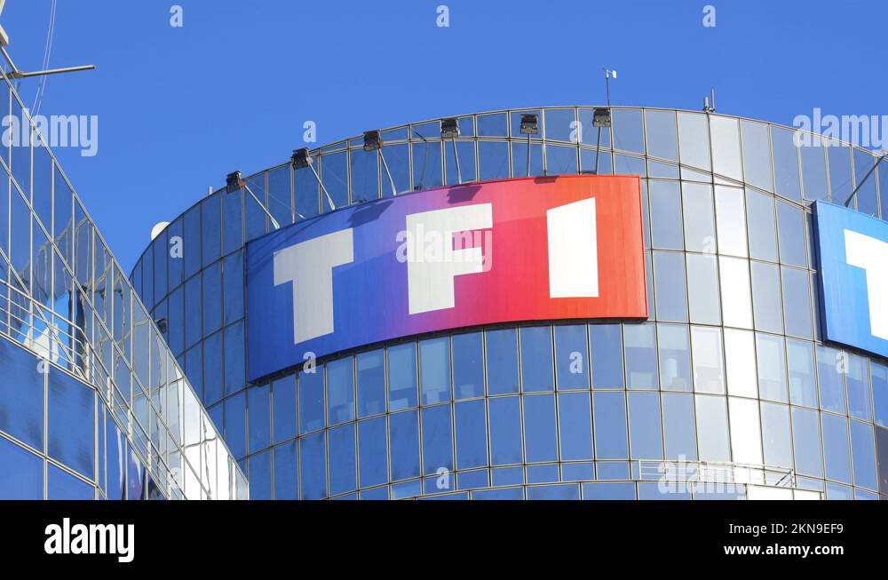 Big TF1 logo on the facade of TF1 headquarters building Stock Video ...