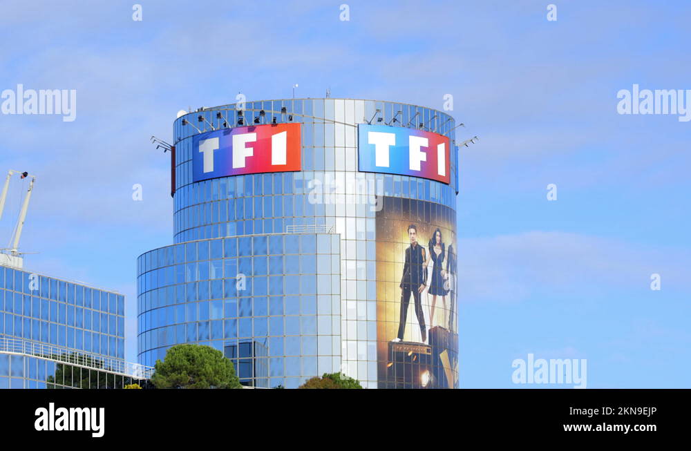 Big TF1 logo on the facade of TF1 headquarters building Stock Video ...
