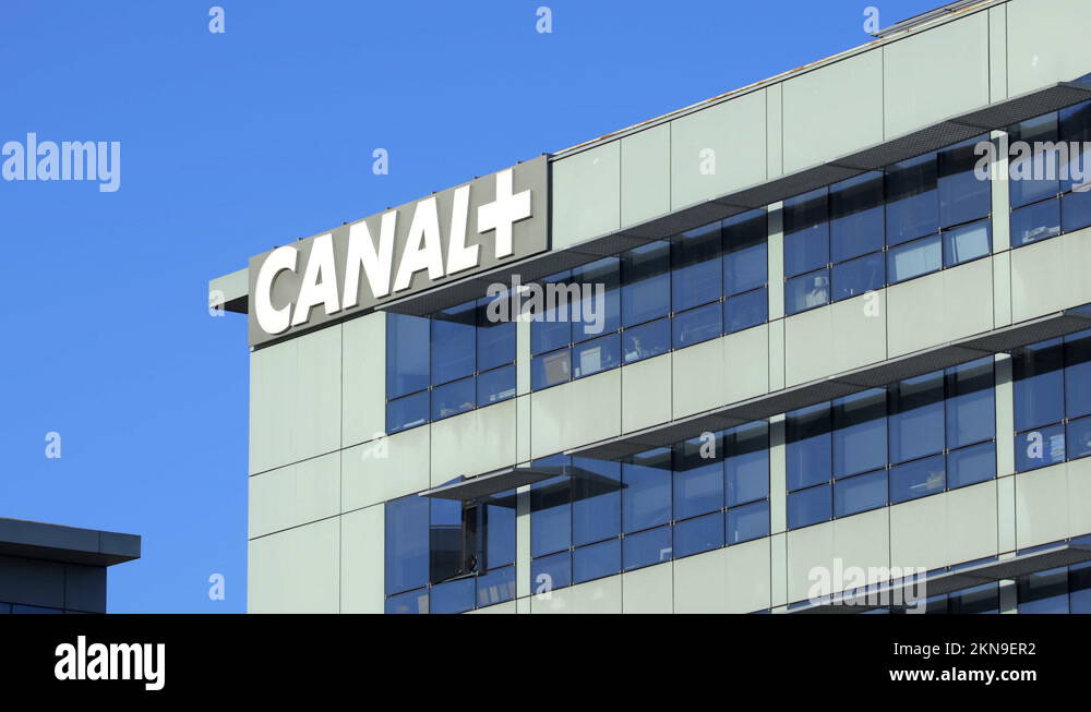 Canal+ logo on the facade of Canal Plus headquarters building near ...