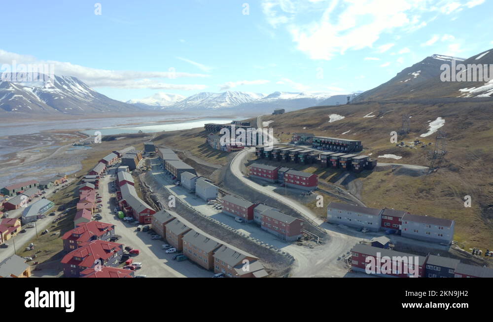 Flight in Svalbard - Spitsbergen - Longyearbyen city. Flight above ...