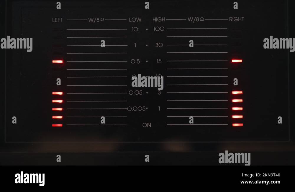 Audio level meter on the old sound amplifier. Red lights left and right ...