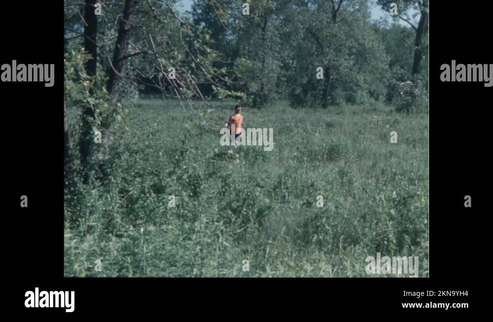 1960s: Boy walks through field carrying a long stick. Boy uses pole to ...