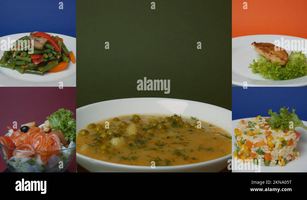 ready-made food in rotating plates on colored backgrounds. Ready meals ...