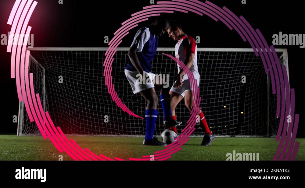 Animation of red line spiral rotating over two male football players ...