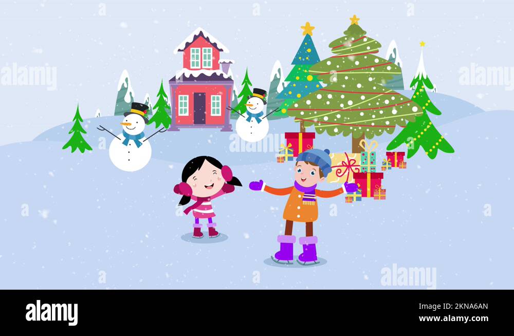 Two happy kids dancing together under snowfall Stock Video Footage - Alamy