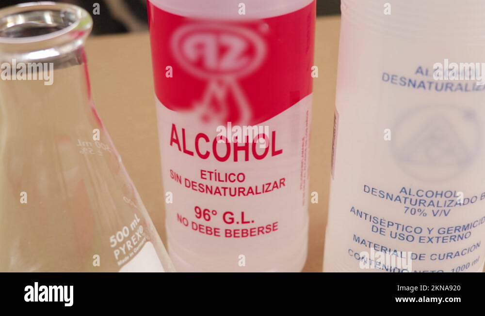 Chemistry stuff. Different types of alcohol and Erlenmeyer flask Stock ...