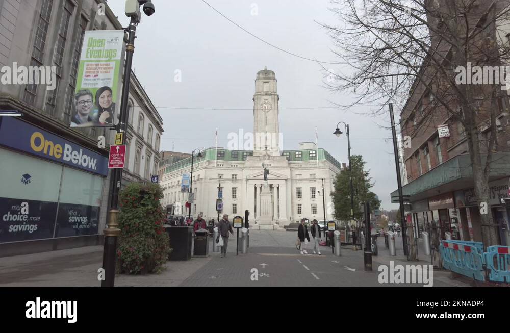 Low aerial view of Luton Town Hall in the UK Stock Video Footage - Alamy
