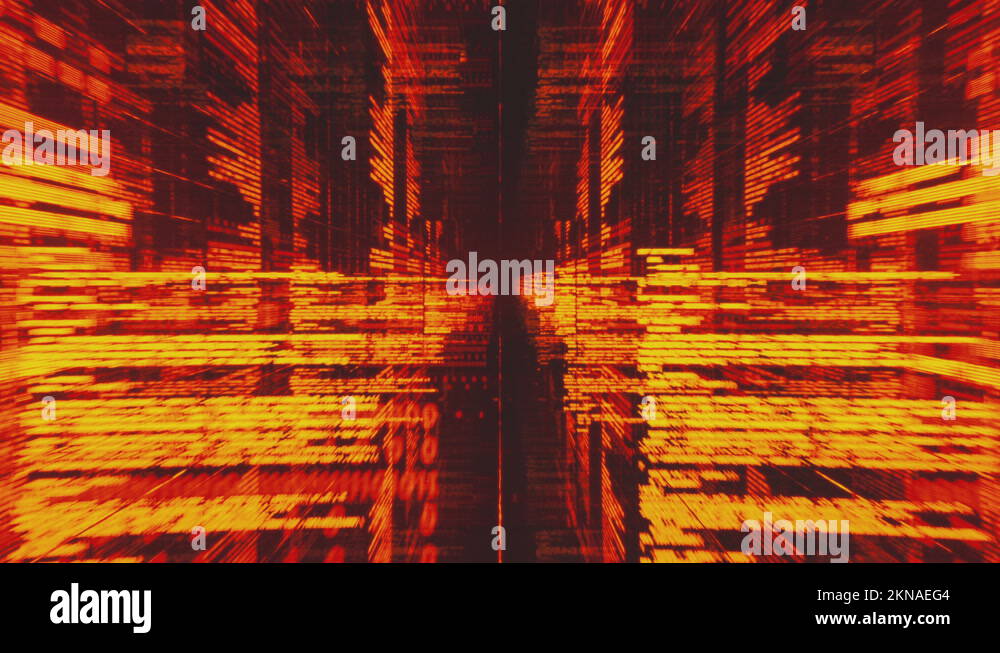 Flying into Infinite glowing red lines of computer data or code. Loop ...