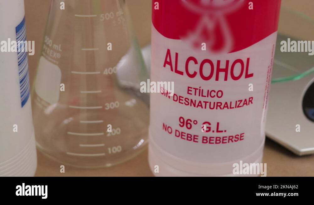 Chemical laboratory things and instruments. Alcohol, Erlenmeyer flask ...