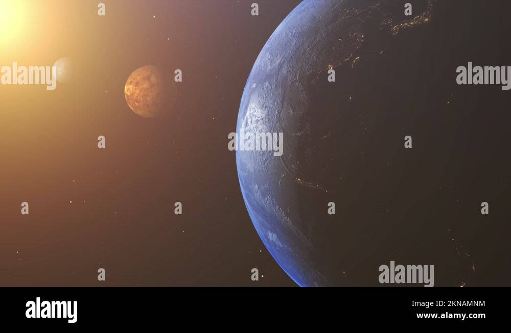animated solar system planet earth and bright light from the sun in ...