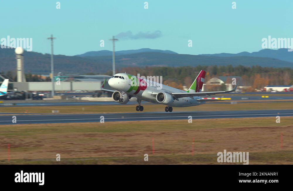airplane airbus a320 neo air portugal tap take off sunny day oslo ...