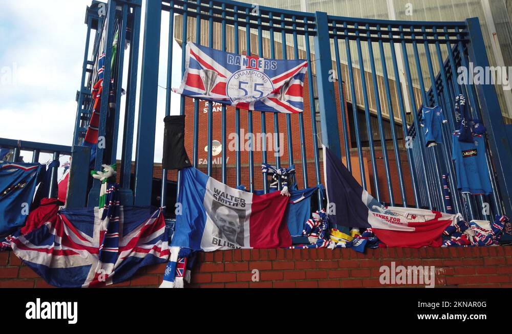 Close-up of flags on the Rangers FC main gate at Ibrox Stock Video ...