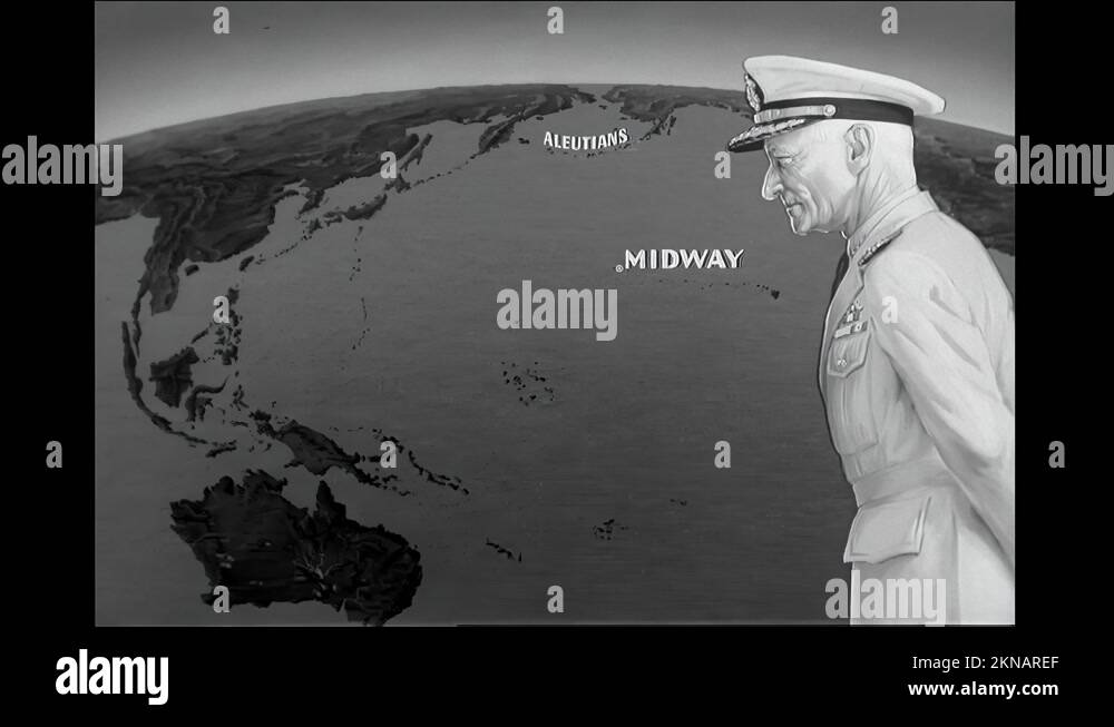 1940s: Men walk down ramp from boat. Animated map. Lines showing route ...