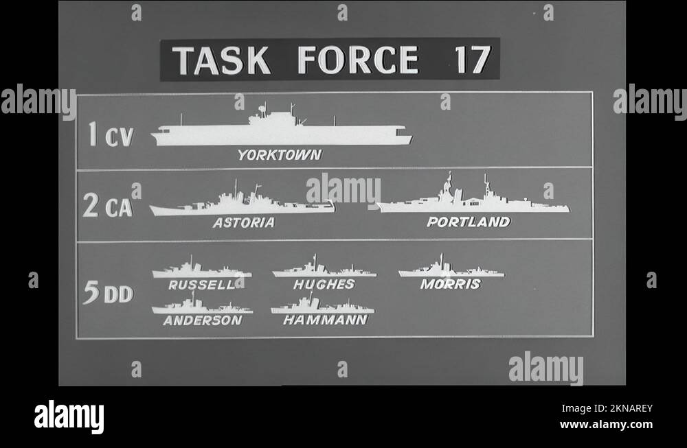 1940s: Ships on chart labeled "TASK FORCE 17." Lines and text appear on ...
