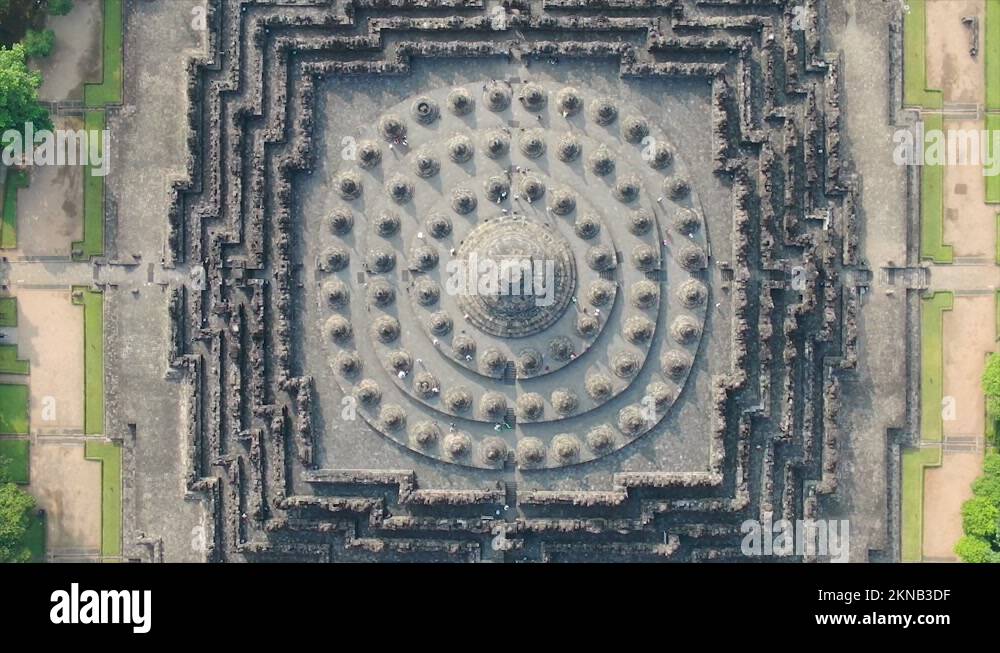 Majestic Borobudur temple in Magelang, Central Java, aerial top down ...
