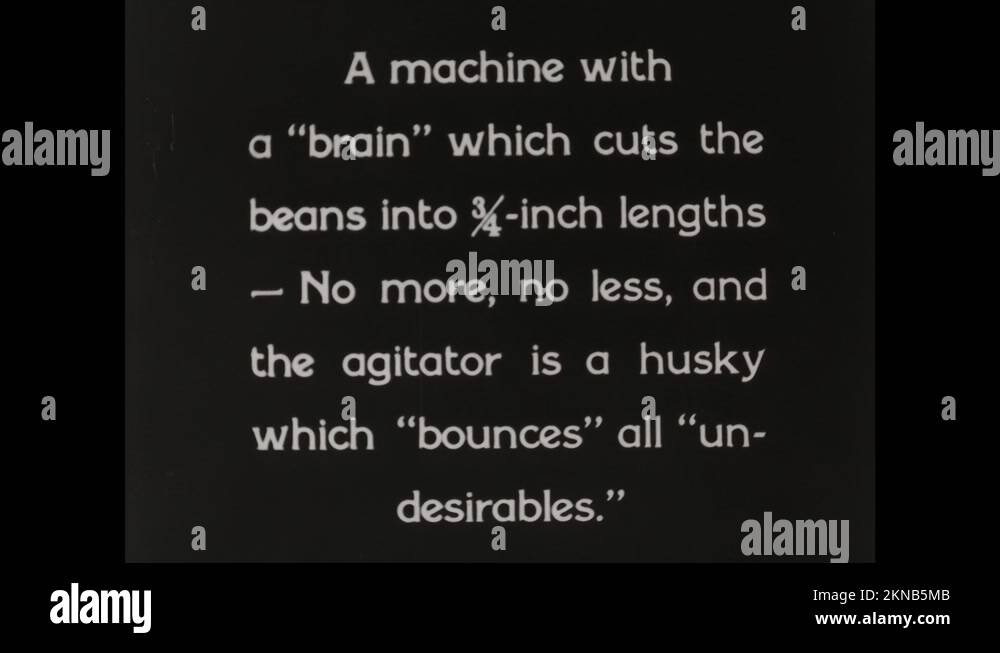 1930s: Title card. Beans going through cutting machine, into conveyor ...