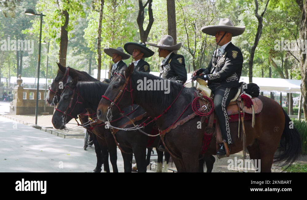 Mexican police officers on horseback in traditional sombrero hats and ...