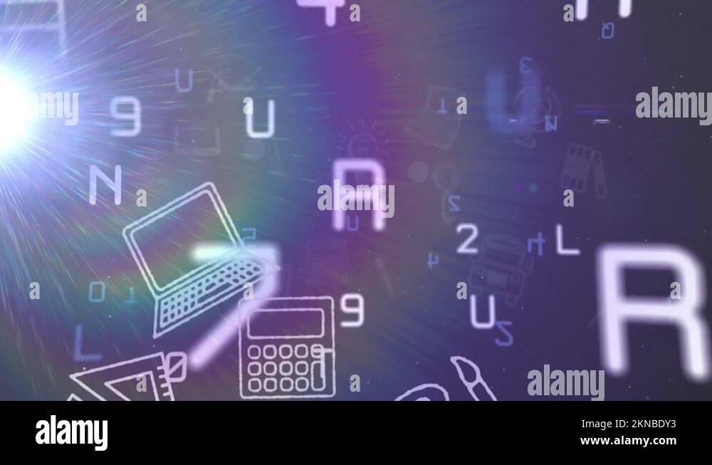 Animation of changing numbers and letters with moving school items and ...