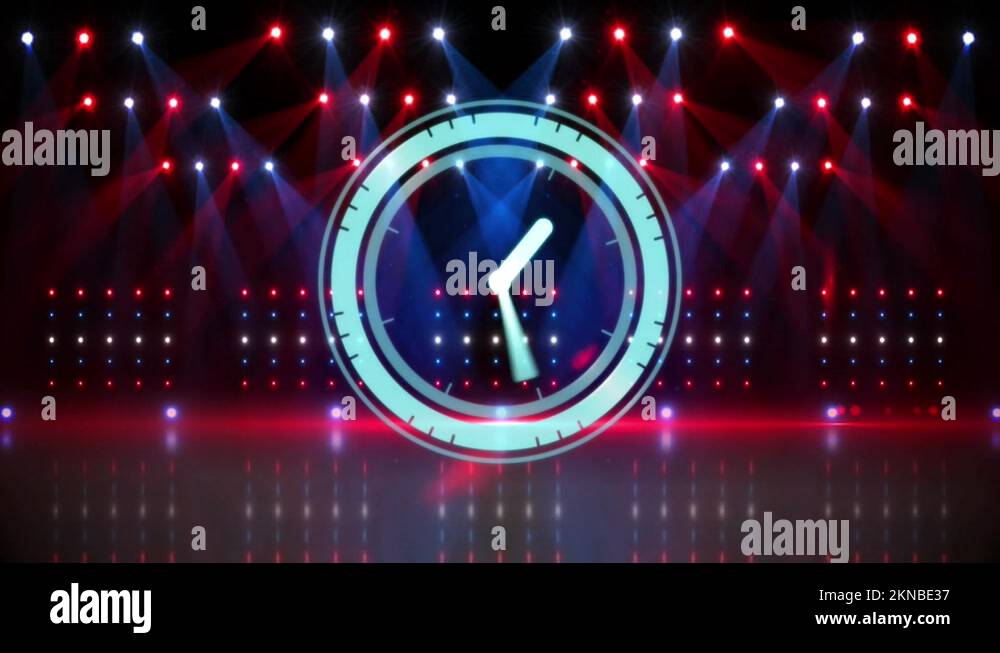 Animation of scanner with clock face processing over empty venue stage ...