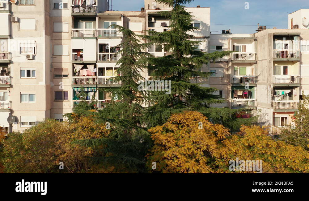 Trees in a park in front of a high rise apartment buildings Stock Video ...