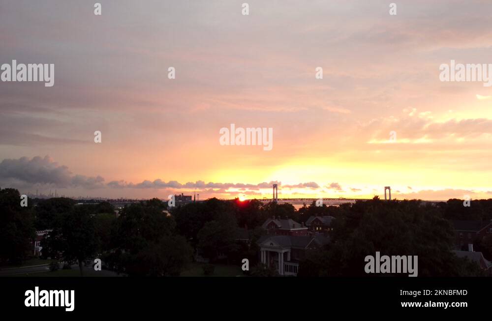 4K Aerial Reveal Sunset Rising From Fort Totten Park to Throgs Neck ...