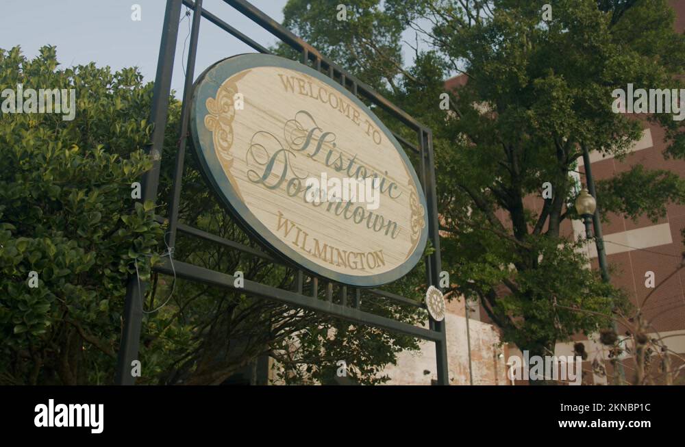 A sliding approach to the welcome sign for Historic Downtown in Stock ...