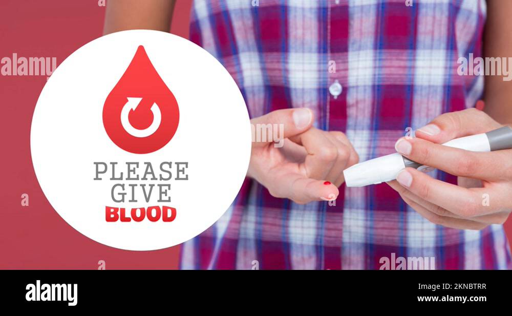Animation of give blood text with arrow in droplet logo over man taking ...