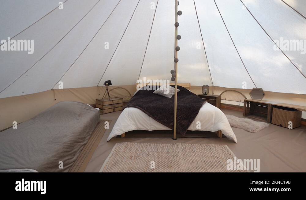 Inside A Fancy Glamping Tent with Cosy decoration at campsite - Wide ...