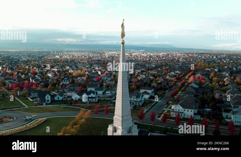 BEAUTIFUL AERIAL WITH ANGEL MORONI RAISING TO THE SKY IN THE LDS MORMON ...