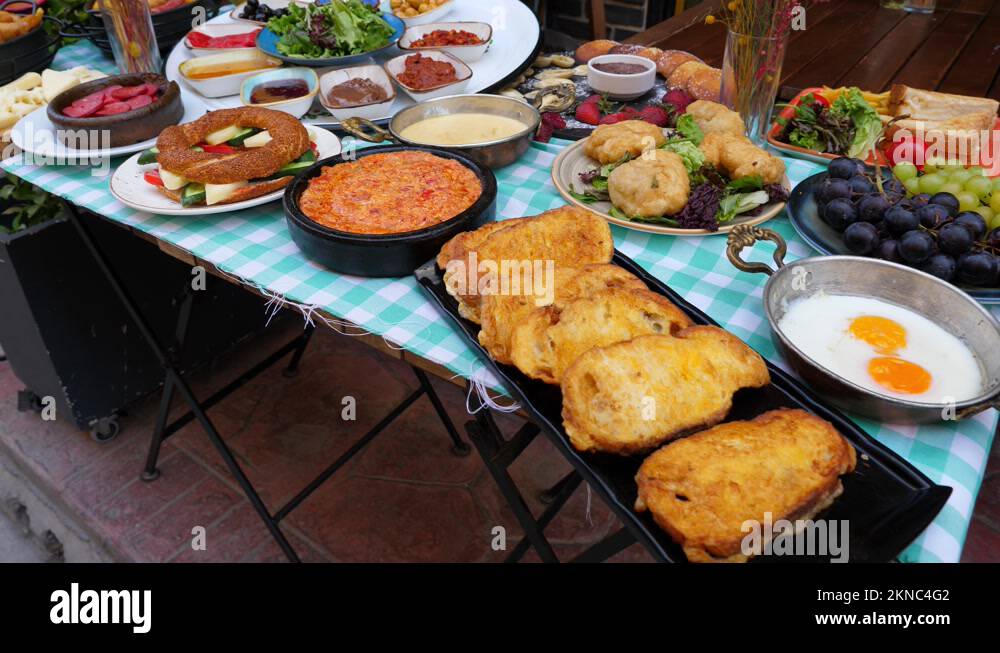 Variety of dishes on table - a choice of breakfast type in a Turkish ...