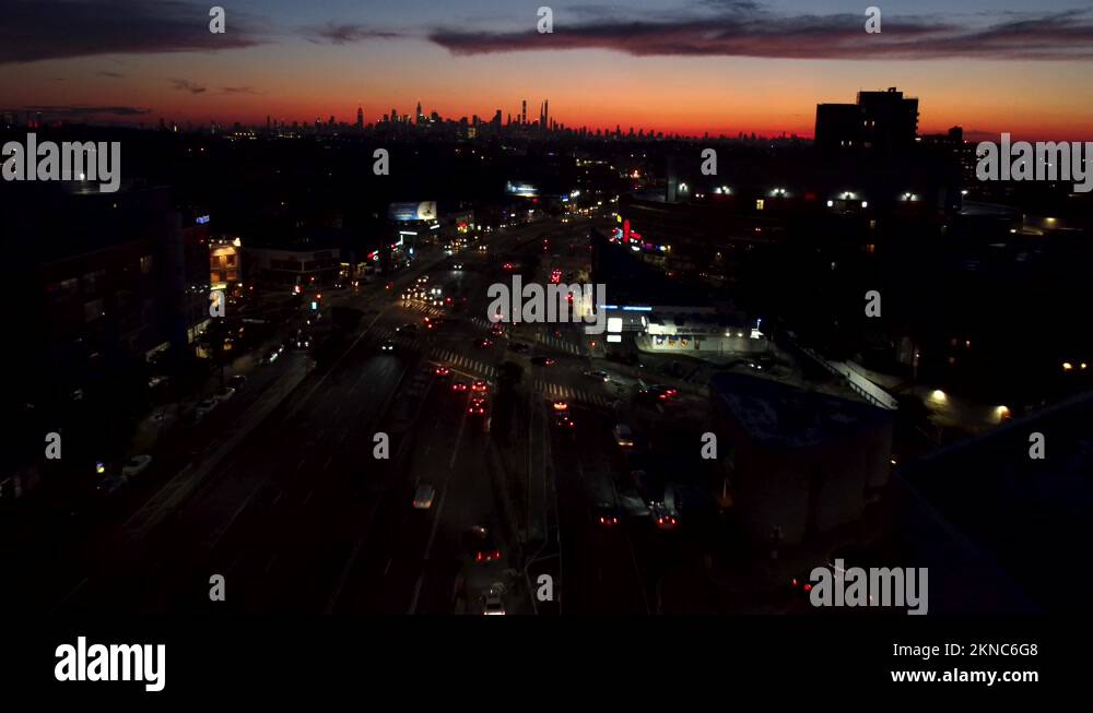 NYC Skyline Night Aerial Dolly-Out over Queens Blvd. Reveal of Macy's & JCPenney Stock Video ...