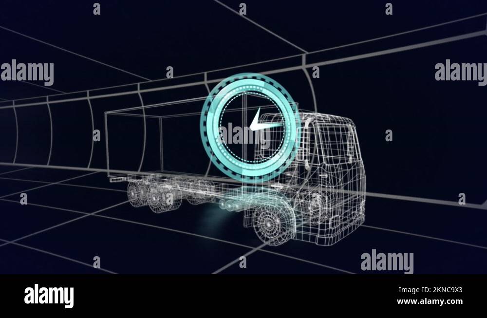 Animation of clock over 3d drawing model of lorry and grid Stock Video ...