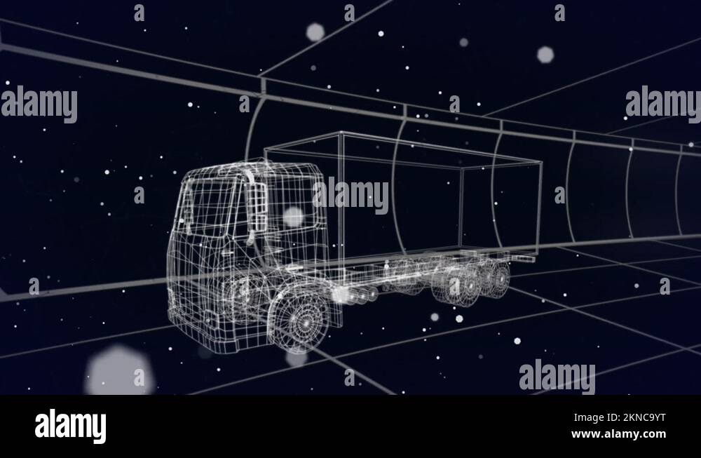 Animation of white spots over 3d drawing model of lorry and grid Stock ...