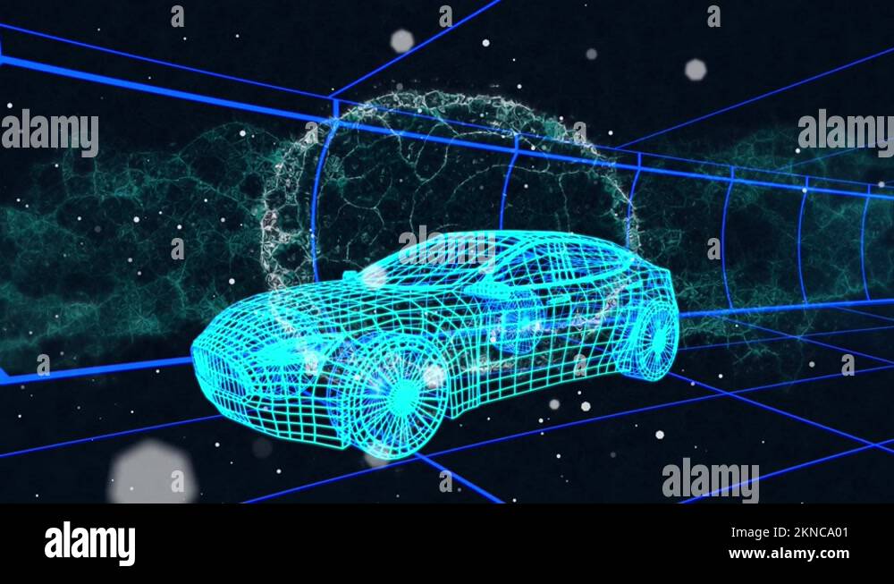 Animation of human brain spinning over 3d drawing model of car and grid ...