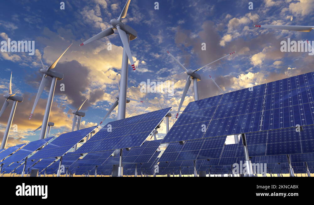 Solar and windmill farm produces renewable energy at the morning sun ...