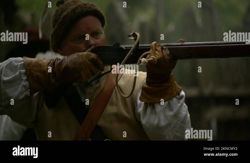 17th century Colonial American Militia Soldiers Fire Matchlocks ...