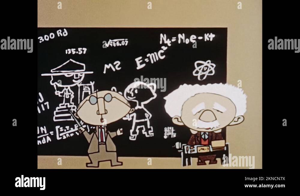 1950s Illustrated Engineers Stand Near Blackboard Of Equations