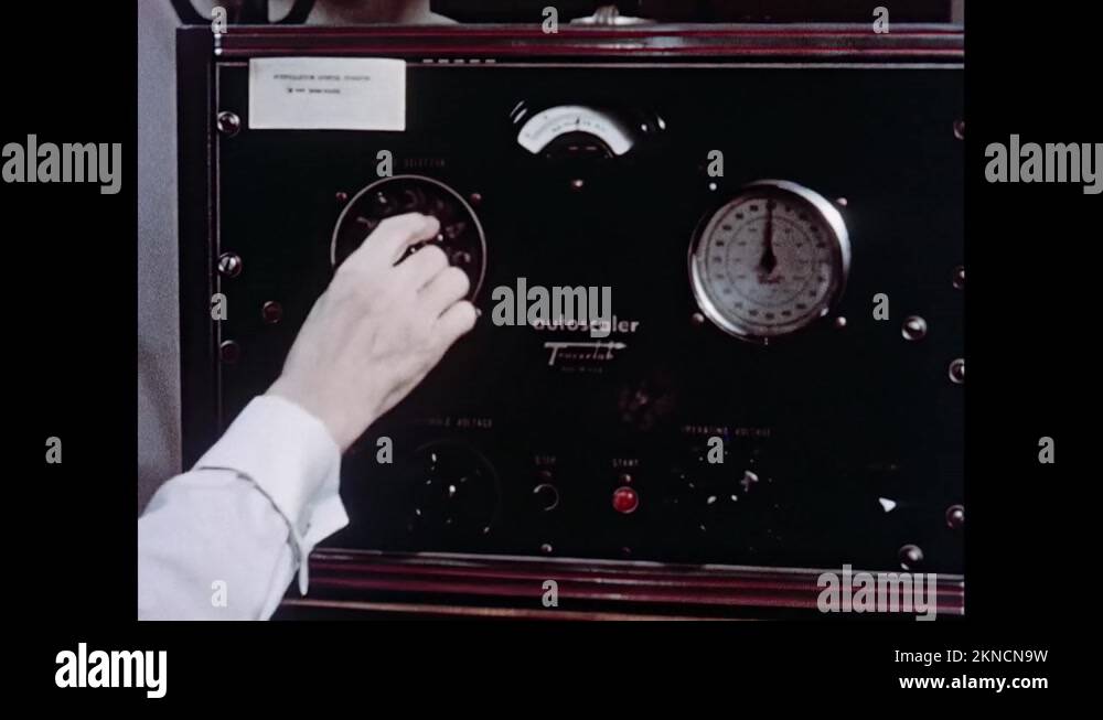 1950s: Doctor aims detection equipment at woman's neck and adjusts ...