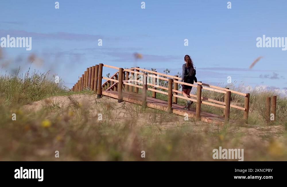 Girl walking on a wooden pathway on a sandy dune. Solo hiking a nature ...